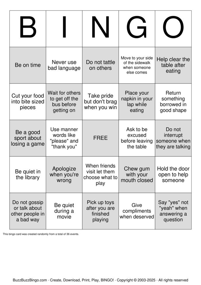 Manners Bingo Cards to Download, Print and Customize!
