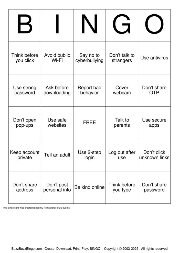Online Safety Bingo Cards to Download, Print and Customize!