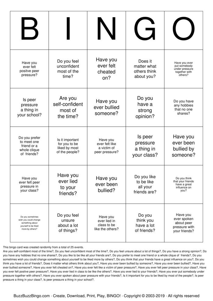 Peer Pressure Bingo Cards to Download, Print and Customize!