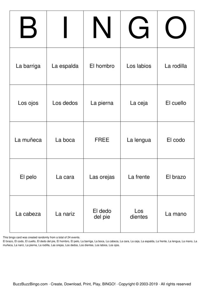 Spanish Body Parts Bingo Cards to Download, Print and Customize!
