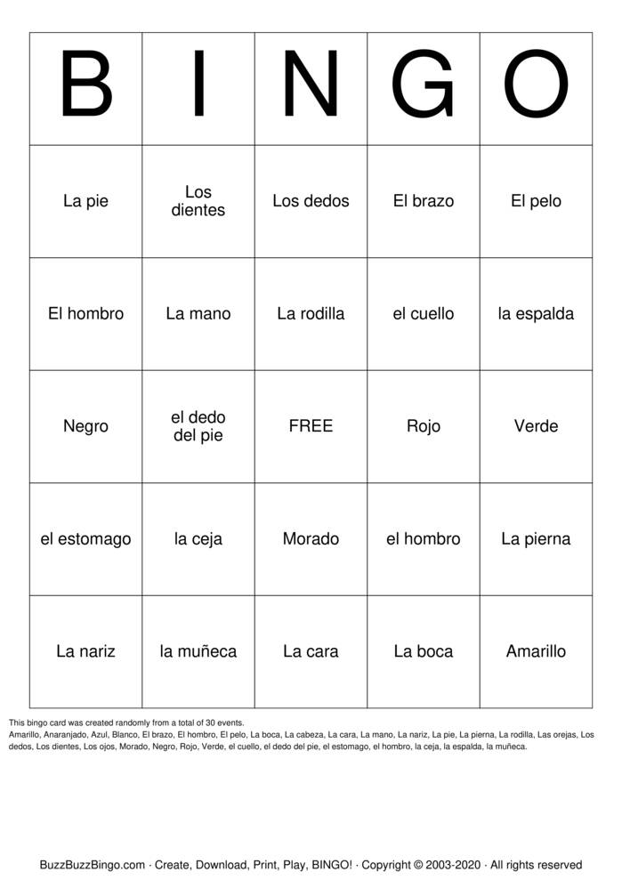 Spanish Body Parts Bingo Cards to Download, Print and Customize!