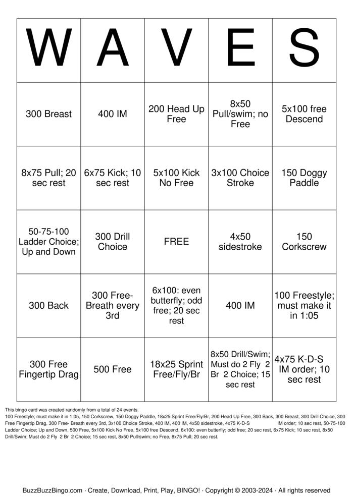 Swim Practice Bingo Bingo Cards to Download, Print and Customize!