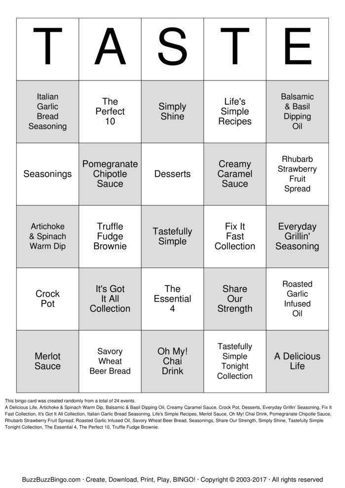 TASTE #2 Bingo Cards to Download, Print and Customize!