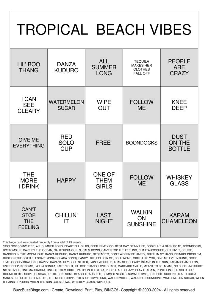 TROPICAL BEACH VIBES Bingo Cards to Download, Print and Customize!