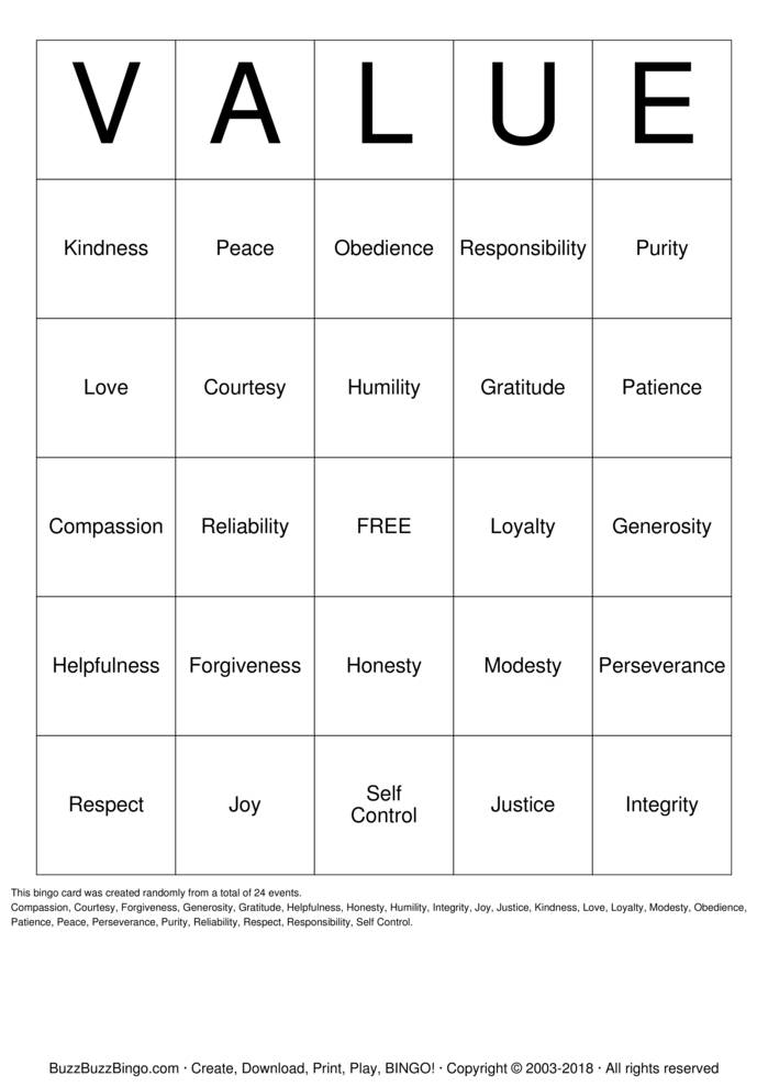 Value Bingo Cards to Download, Print and Customize!