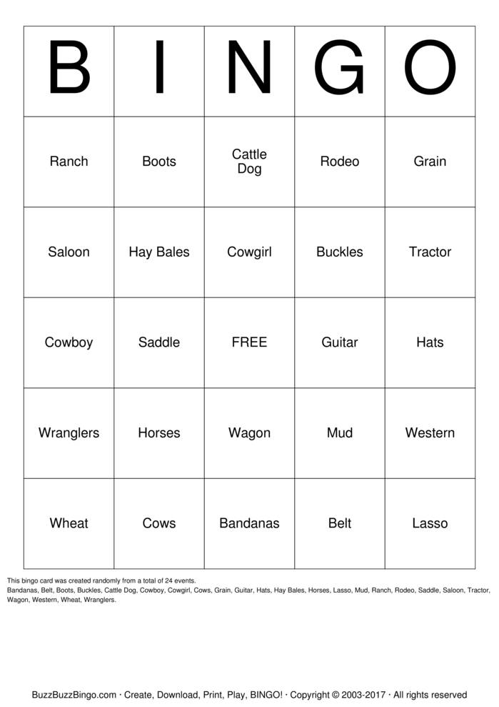 Western Bingo Bingo Cards to Download, Print and Customize!