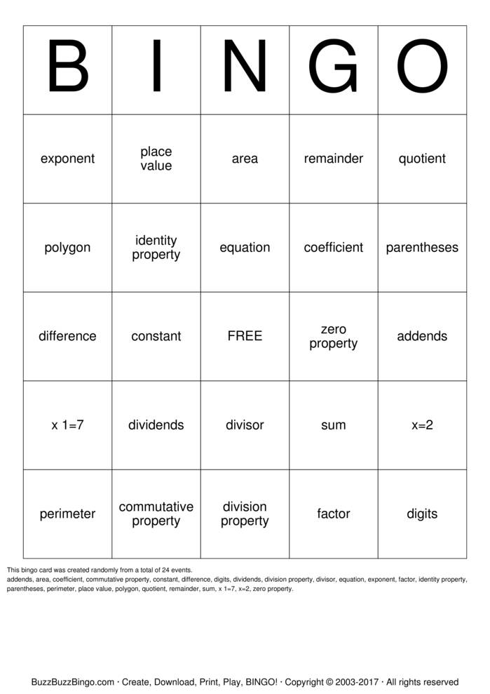 distributive property Bingo Cards to Download, Print and Customize!
