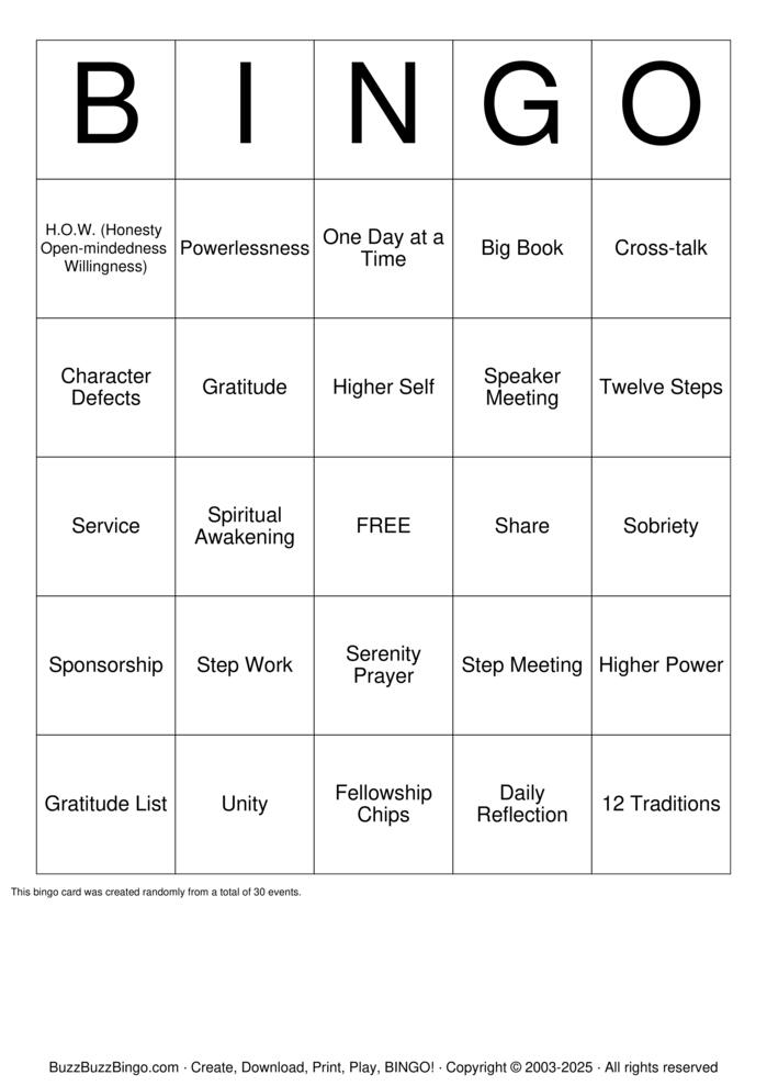 12 steps and 12 traditions Bingo Cards to Download, Print and Customize!