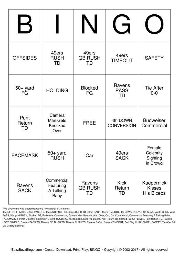 2013 Superbowl BAL vs SF Bingo Cards to Download, Print and Customize!