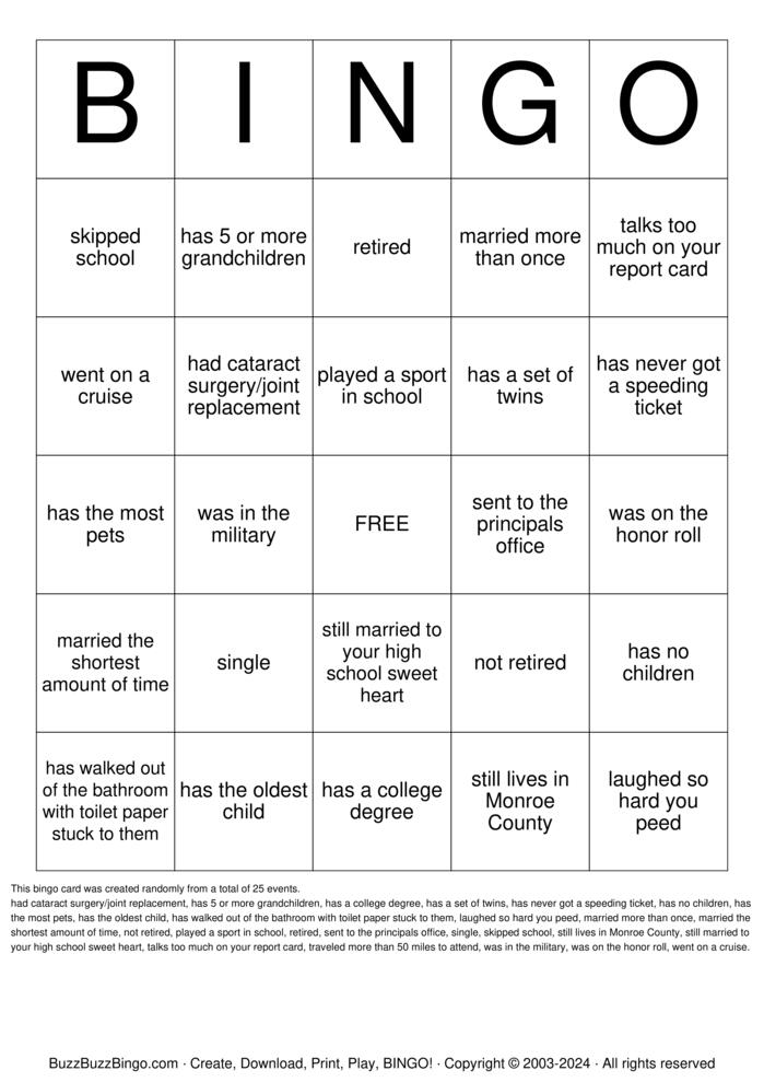 40th Class Reunion Bingo Cards to Download, Print and Customize!