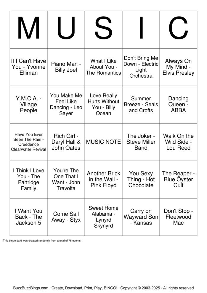 70s Music Bingo Cards to Download, Print and Customize!