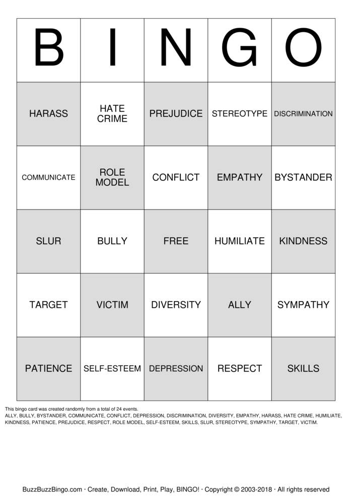 BULLY PREVENTION BINGO Bingo Cards to Download, Print and Customize!