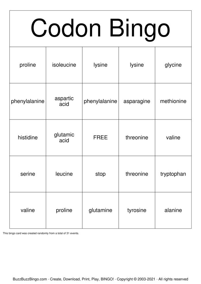 CODON BINGO Bingo Cards to Download, Print and Customize!