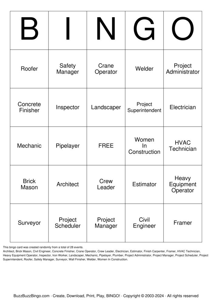 Construction Bingo Cards to Download, Print and Customize!