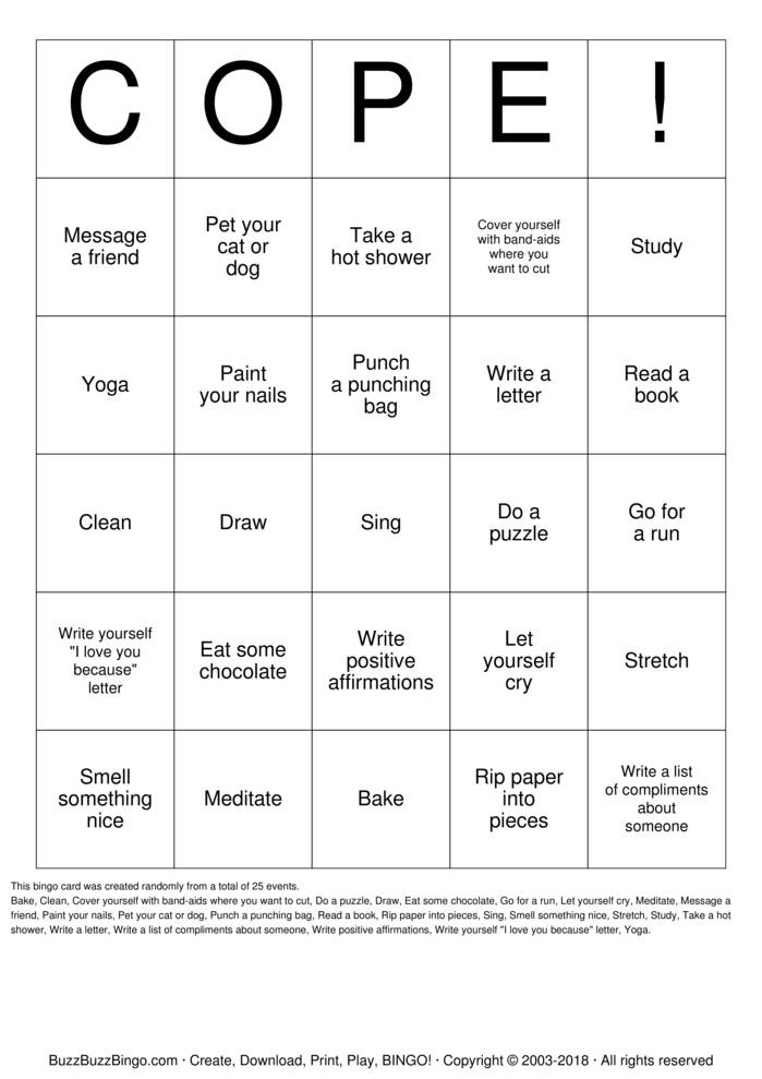 Coping Skills Bingo Cards to Download, Print and Customize!