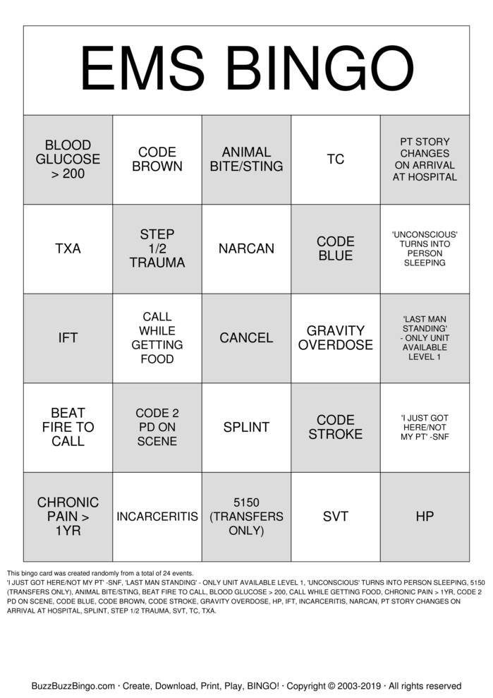 EMS BINGO Bingo Cards to Download, Print and Customize!