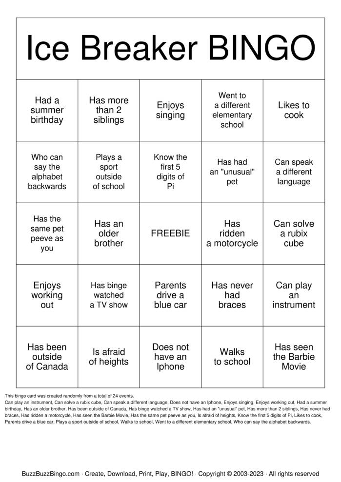 ICEBREAKER BINGO Bingo Cards to Download, Print and Customize!