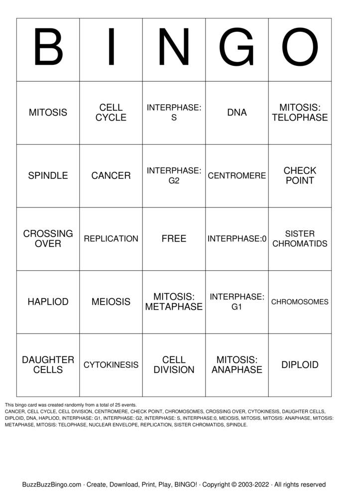 MITOSIS Bingo Cards to Download, Print and Customize!