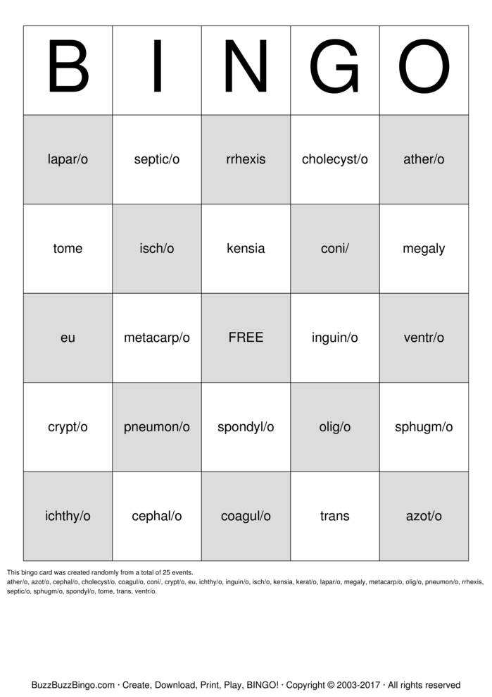 Medical Terms Word Parts Bingo Cards to Download, Print and Customize!