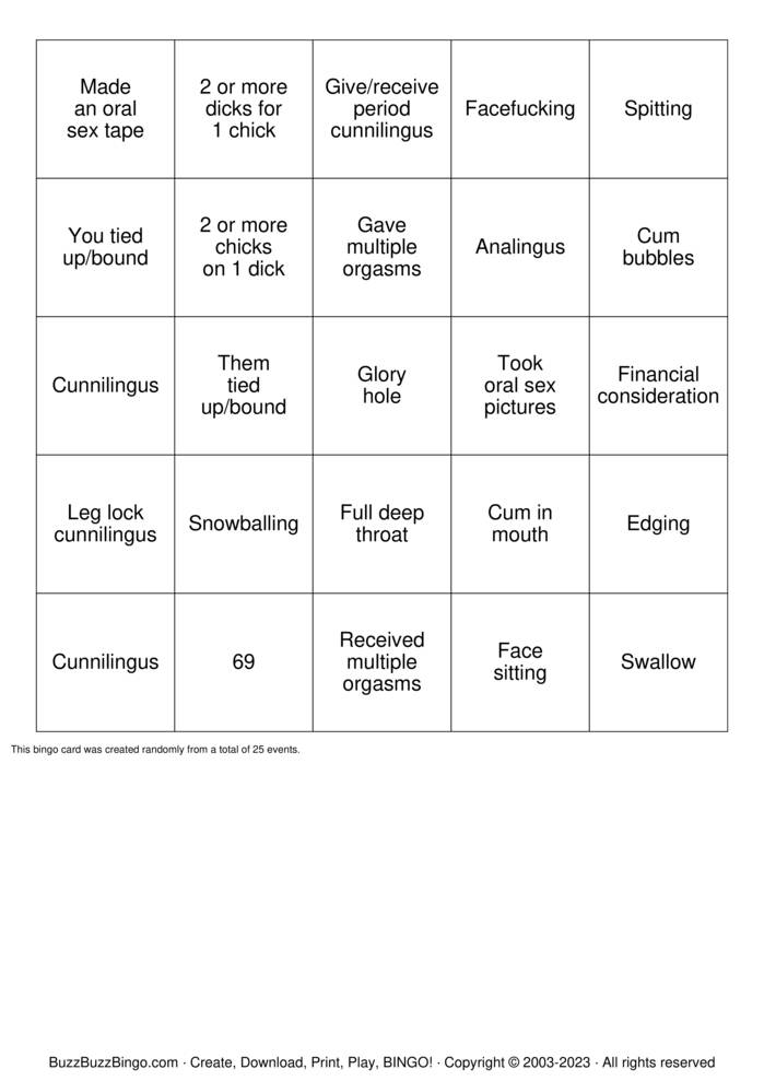 Oral Sex with Bingo Cards to Download, Print and Customize!