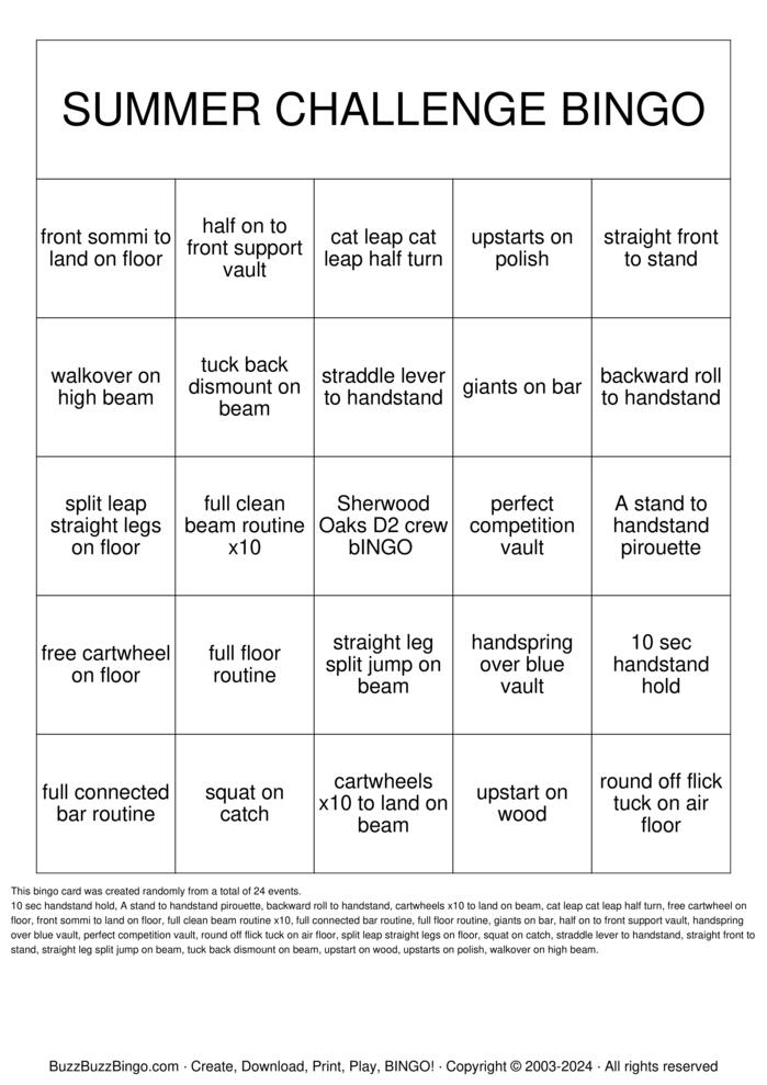 Summer Olympics challenge Bingo Cards to Download, Print and Customize!