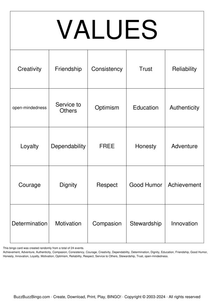 VALUES Bingo Cards to Download, Print and Customize!