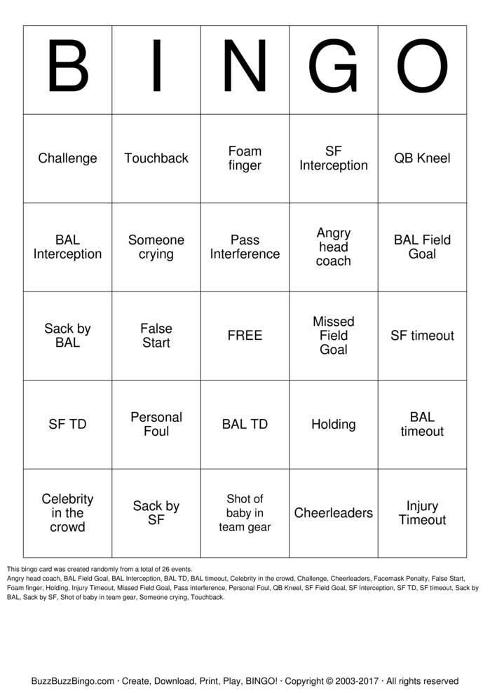 2013 Superbowl BAL vs SF Bingo Cards to Download, Print and Customize!