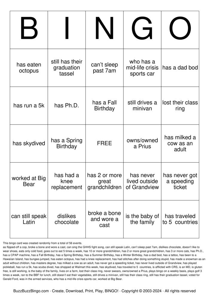 50th Class Reunion Bingo Cards to Download, Print and Customize!