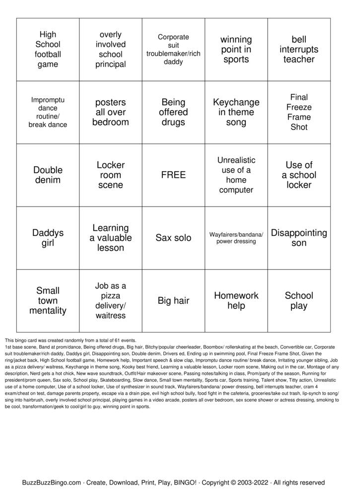 80's Movie Cliche Bingo Cards to Download, Print and Customize!