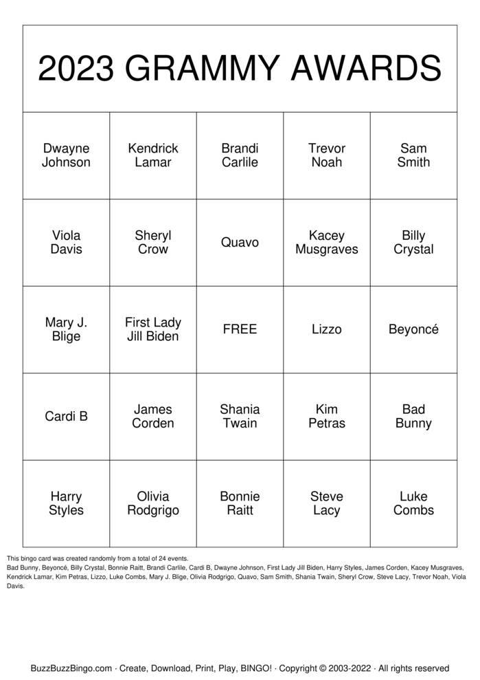GRAMMY Bingo Cards to Download, Print and Customize!