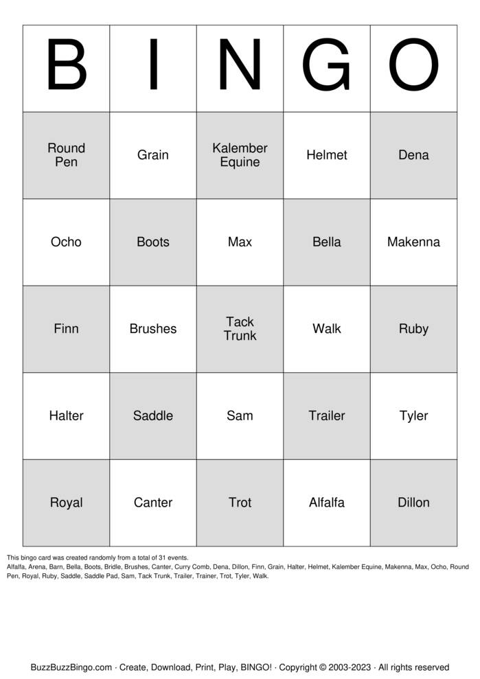 HORSE Bingo Cards to Download, Print and Customize!