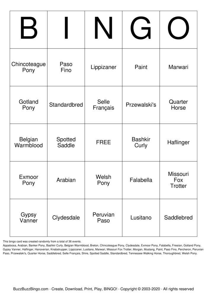 HORSE Bingo Cards to Download, Print and Customize!