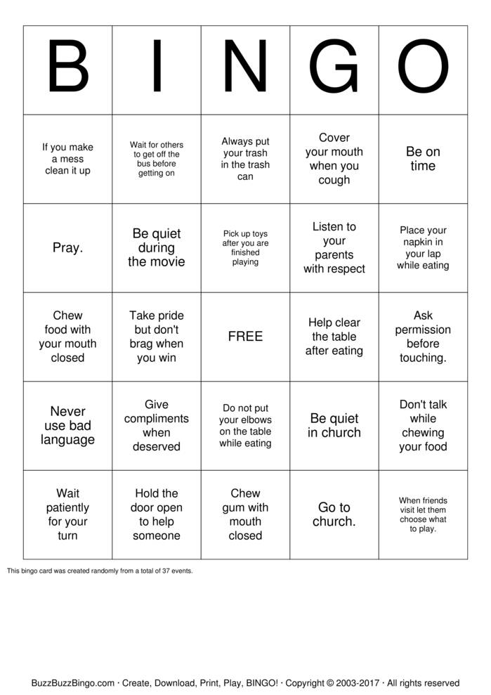 Manners Bingo Cards to Download, Print and Customize!
