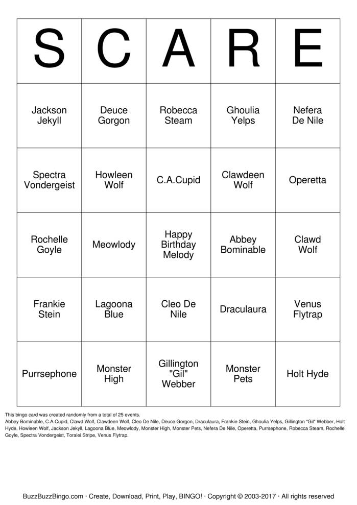Melody Monster High Party Bingo Cards to Download, Print and Customize!