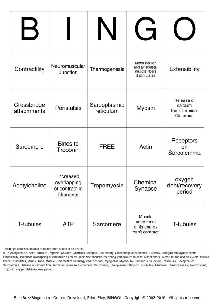 Muscular System Physiology Bingo Bingo Cards to Download, Print and ...