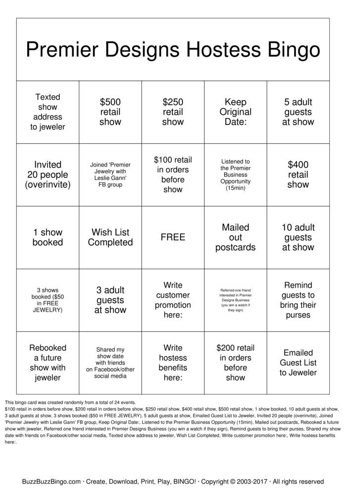 Premier Designs Hostess Bingo Bingo Cards to Download, Print and Customize!