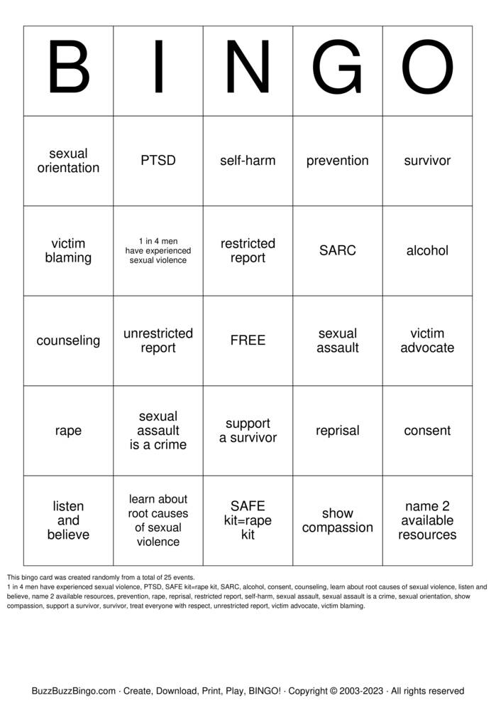 Sexual Assault Bingo Cards to Download, Print and Customize!