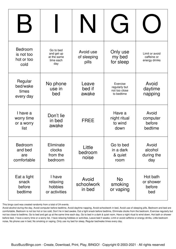 Sleep Hygiene Bingo Bingo Cards to Download, Print and Customize!