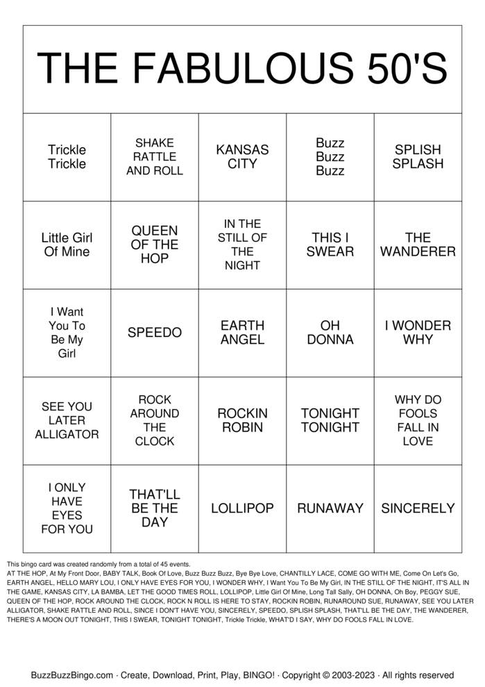 The FABULOUS 50'S Bingo Cards to Download, Print and Customize!