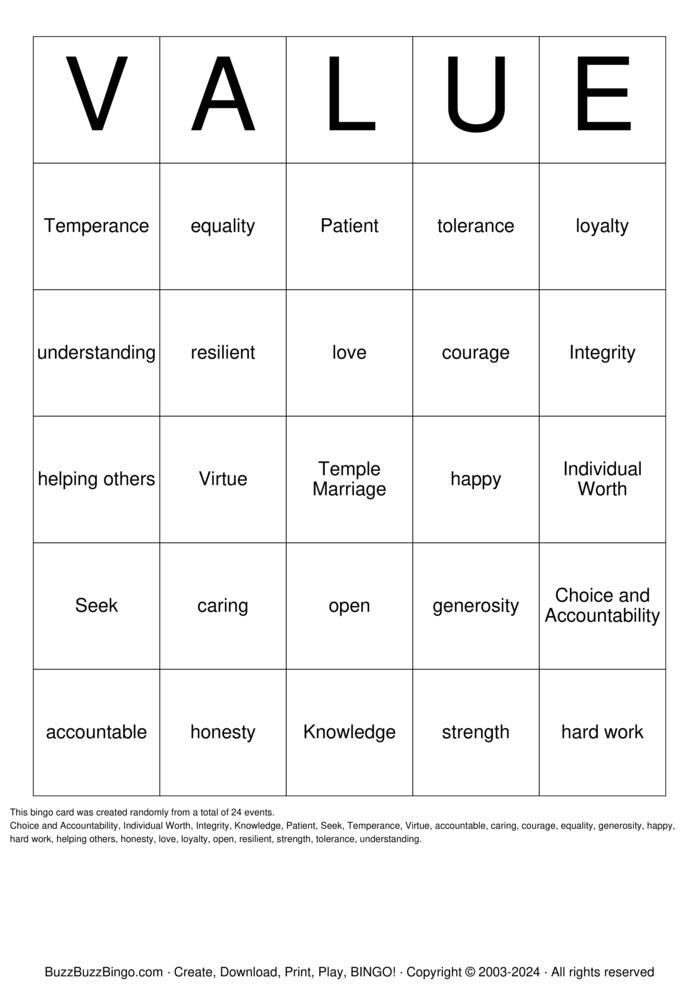 VALUES Bingo Cards to Download, Print and Customize!