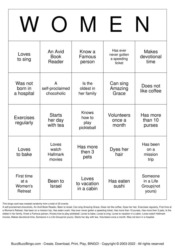 W O M E N Bingo Cards to Download, Print and Customize!