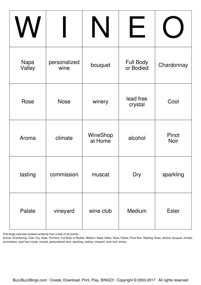 Wine Bingo Bingo Cards to Download, Print and Customize!