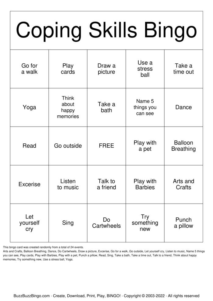 Coping Skills Bingo Cards to Download, Print and Customize!