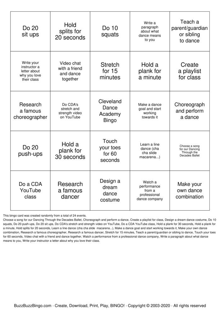 DANCE Bingo Cards to Download, Print and Customize!