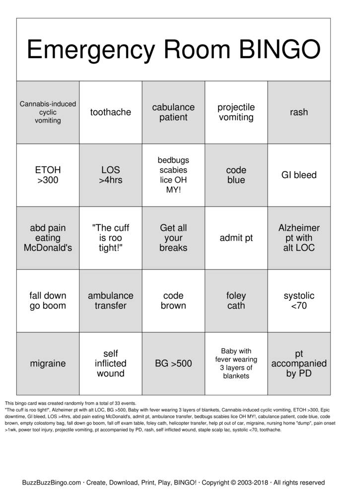 Emergency Room Bingo Cards to Download, Print and Customize!