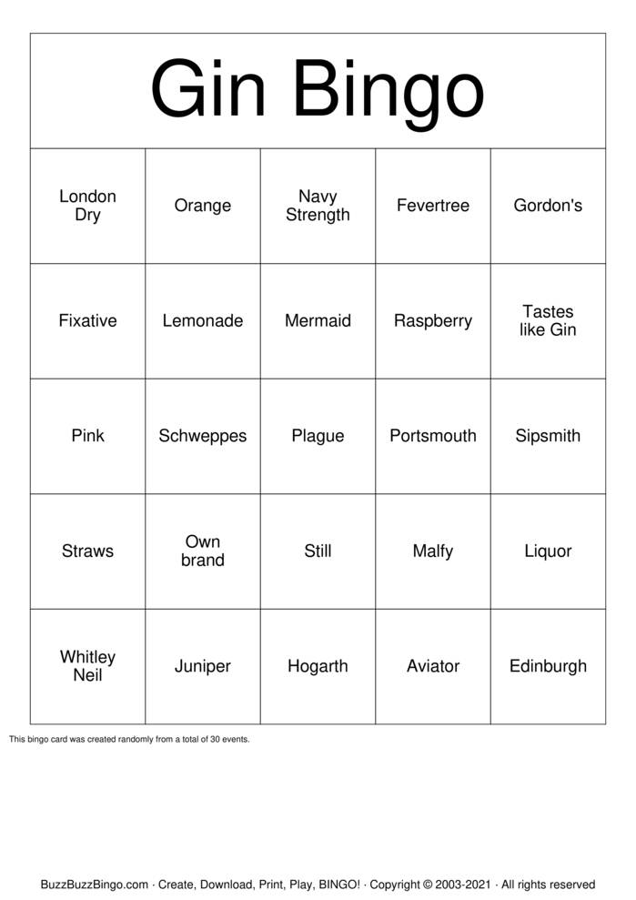 Gin Bingo Cards to Download, Print and Customize!