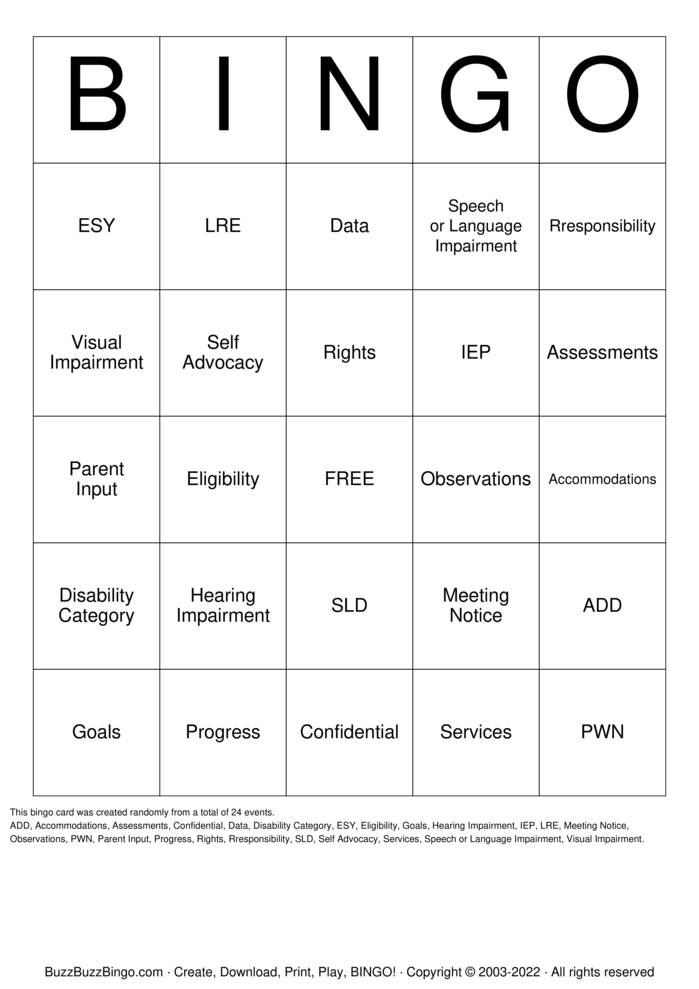 IEP BINGO Bingo Cards to Download, Print and Customize!