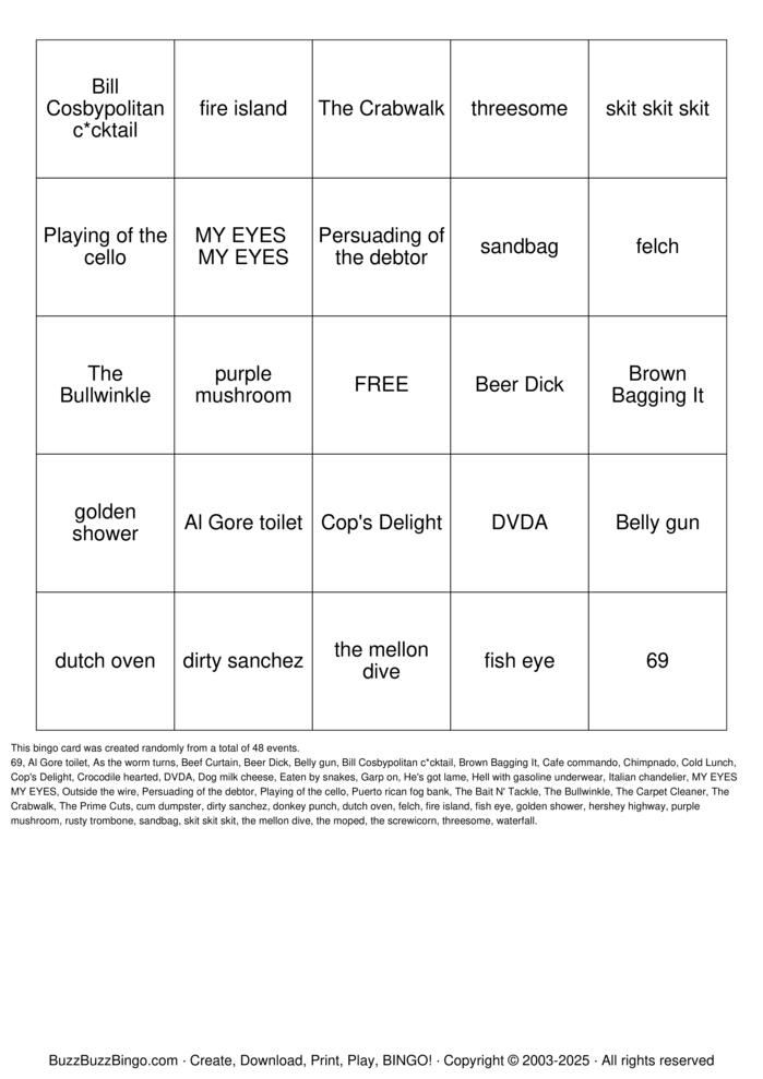 Kinky acts Bingo Cards to Download, Print and Customize!