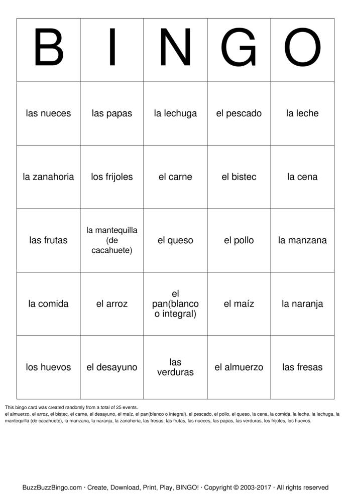 La Comida Bingo Cards to Download, Print and Customize!