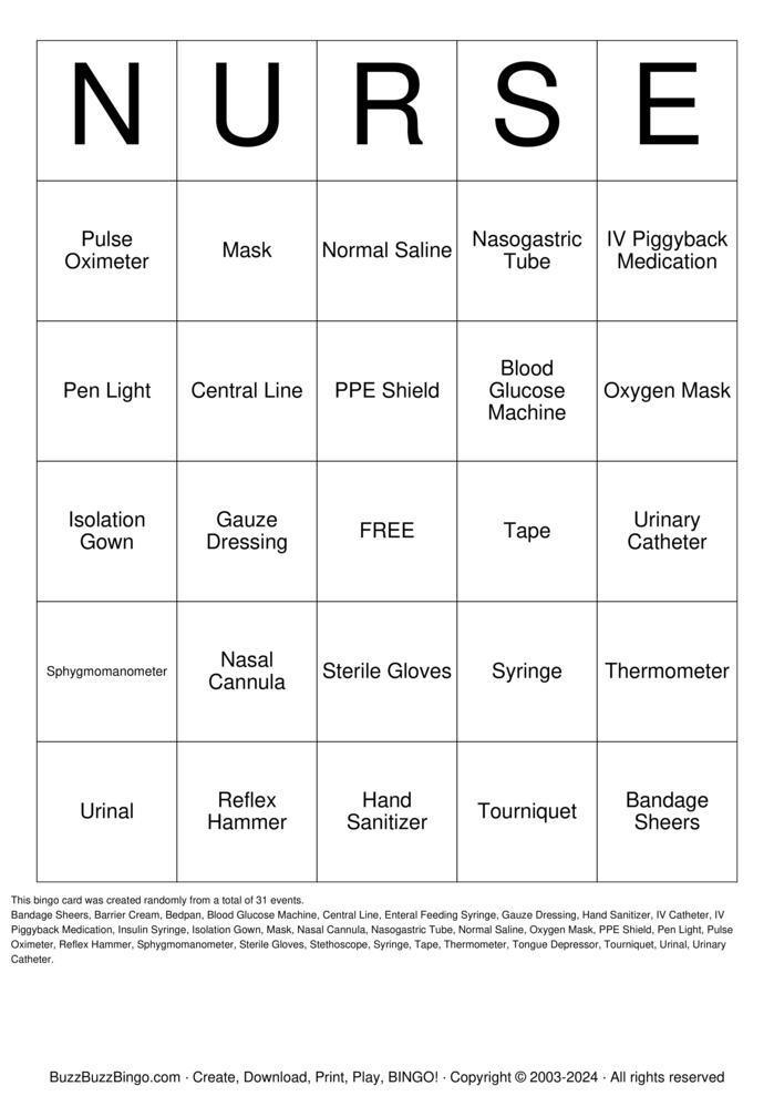 Nursing Tools Familiarization Bingo Cards to Download, Print and Customize!